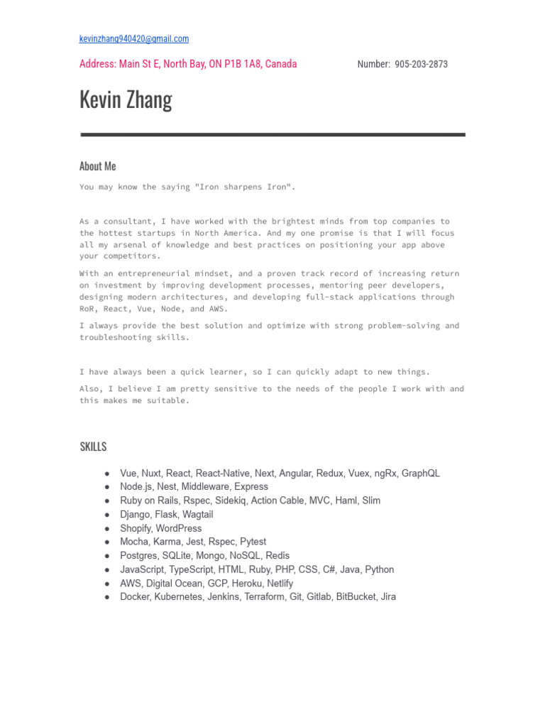 Kevin Zhang Resume With Certificate | PDF | Ruby On Rails | Mobile App