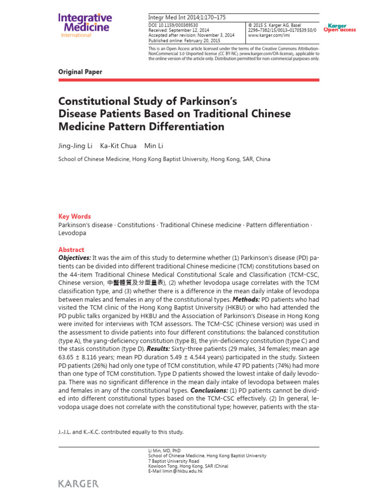 Constitutional Study of Parkinson - S Disease Patients Based On ...
