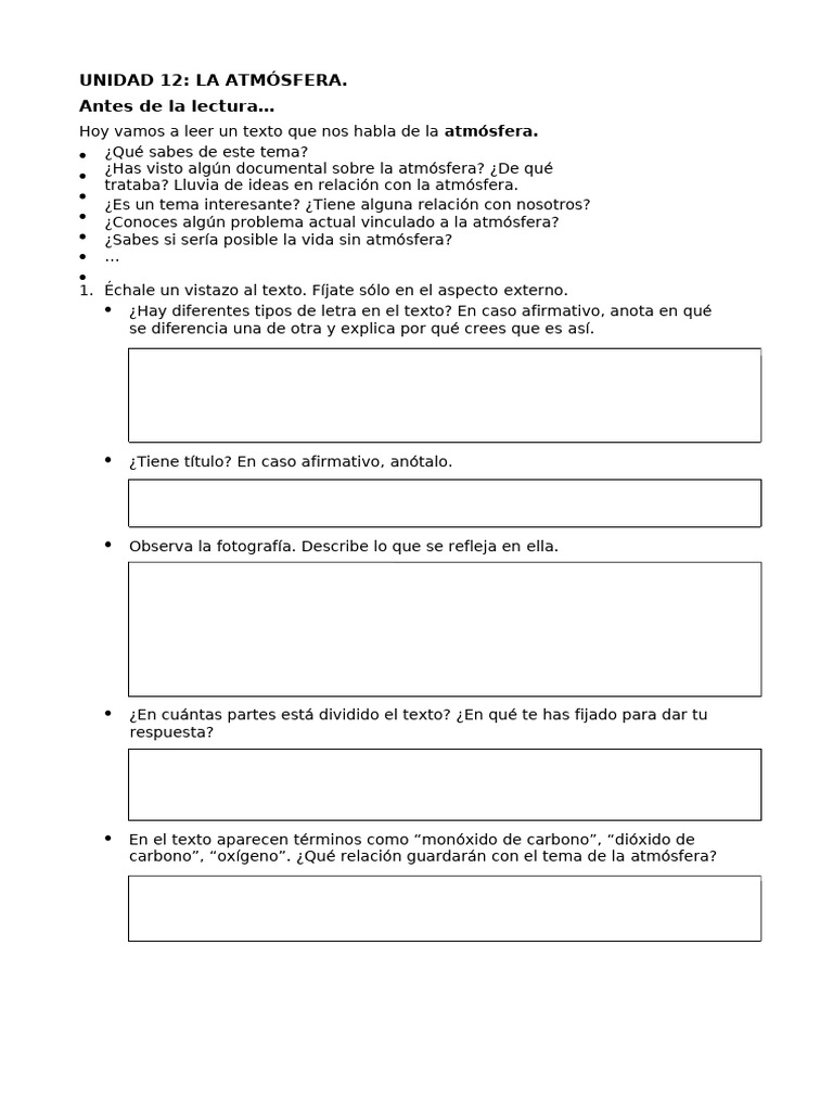 Comprensión Lectora La Atmosfera | PDF | Atmósfera | Oxígeno
