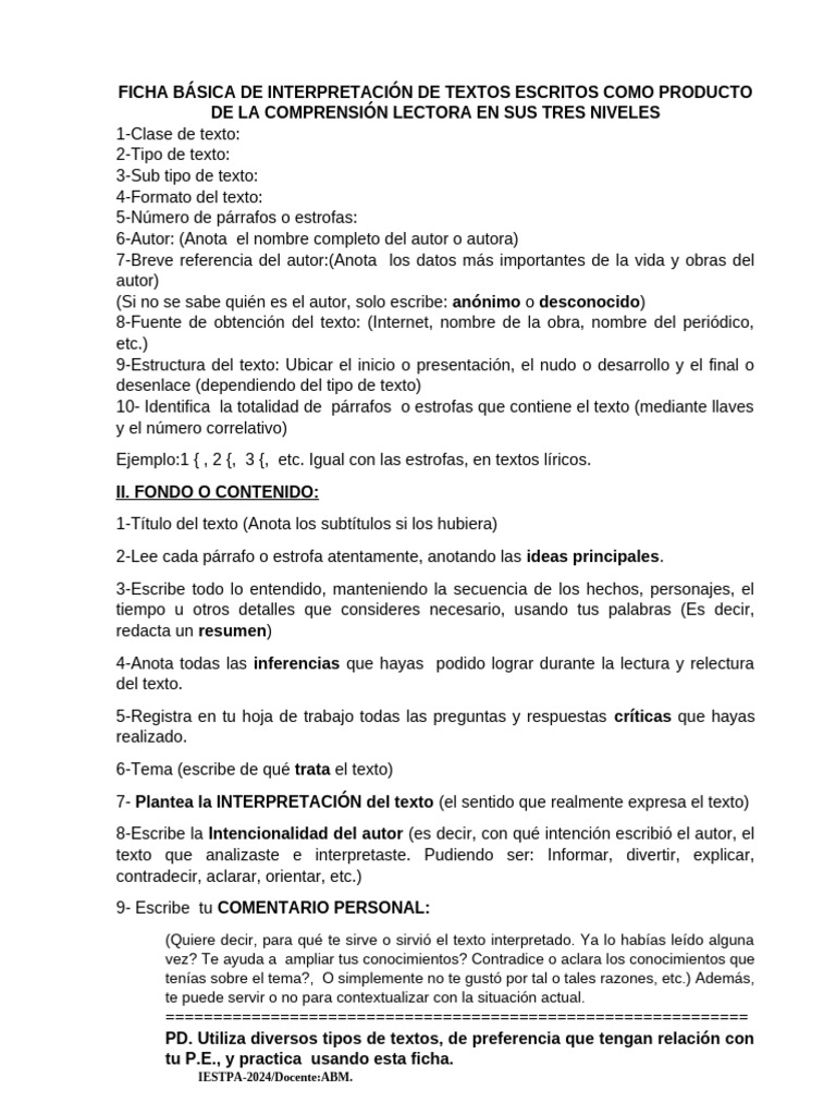 Ficha de Interpretación de Textos Escritos. | PDF | Estudios de idiomas ...