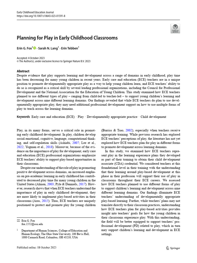 Planning For Play in Early Childhood Classrooms | PDF | Early Childhood ...