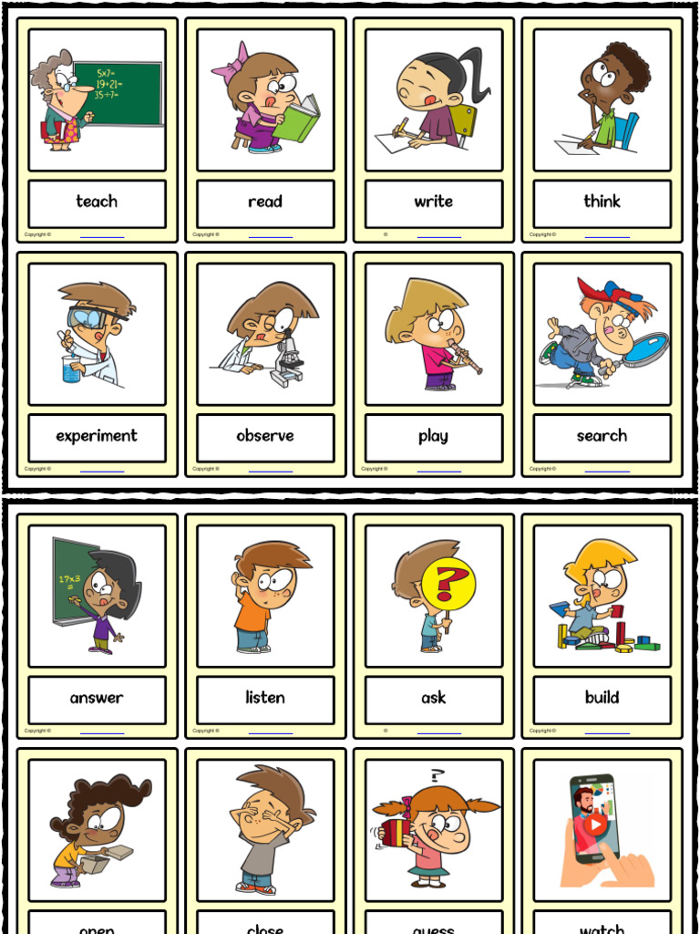 Classroom Verbs Vocabulary Esl Printable Learning Cards For Kids | PDF