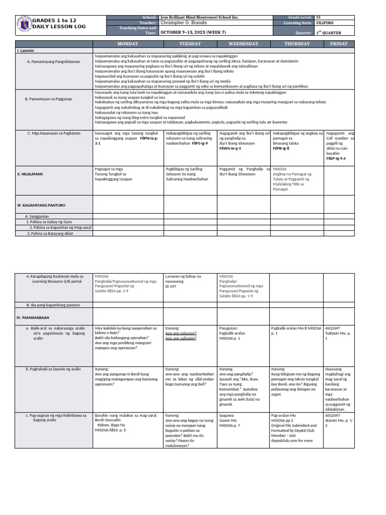 DLL - Filipino 6 - Q1 - W7 | PDF