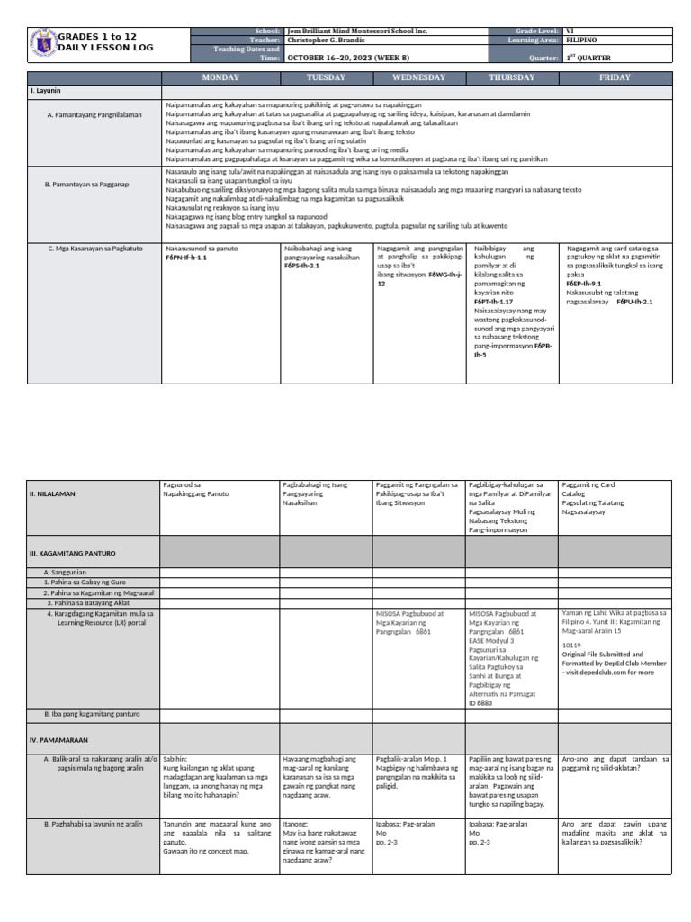 DLL - Filipino 6 - Q1 - W8 | PDF
