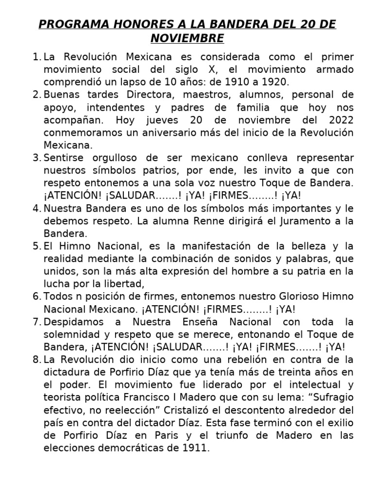 Programa Honores A La Bandera Del 20 de Noviembre | PDF