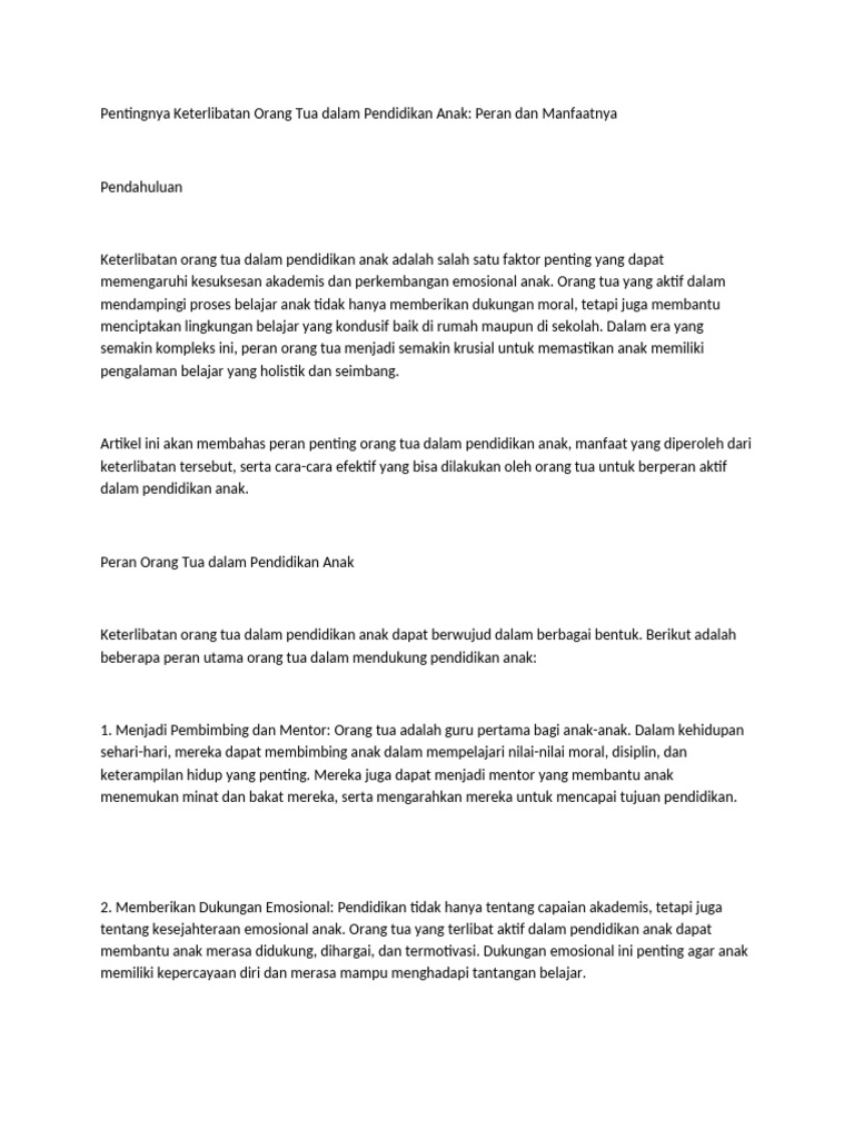 Pentingnya Keterlibatan Orang Tua Dalam Pendidikan Anak | PDF