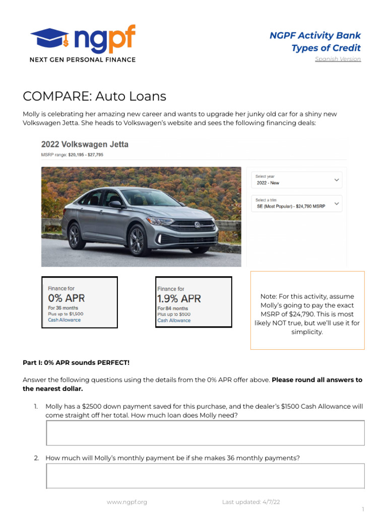 COMPARE: Auto Loans: NGPF Activity Bank Types of Credit | PDF | Annual ...