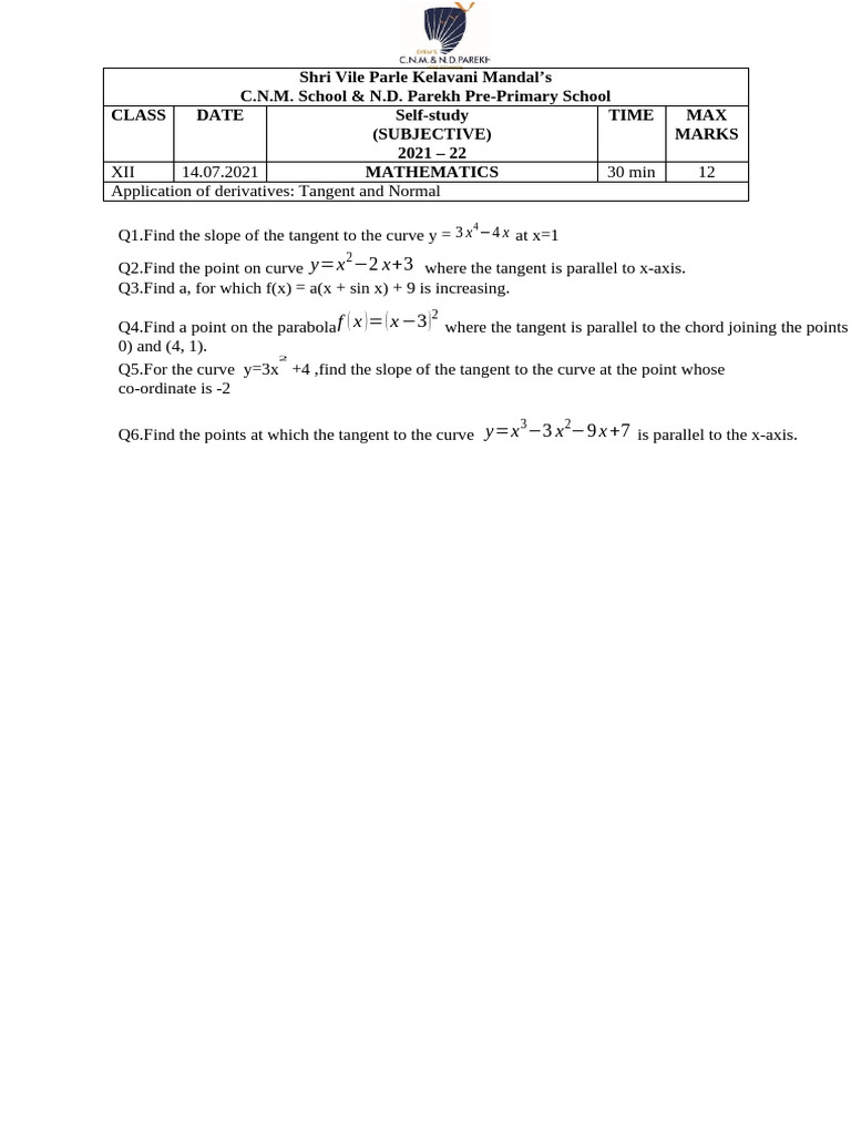 Derivatives: Tangent and Normal Problems | PDF