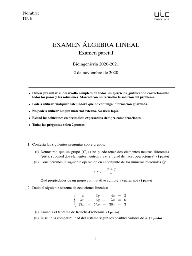 Enunciado 2-11-20 | PDF | Espacio vectorial | Geometría