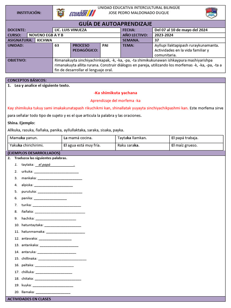 Guía Auto-Aprendizaje Kichwa 9no. EGB 7 Mayo 2024 | PDF | Ciencias sociales | Estudios de ...
