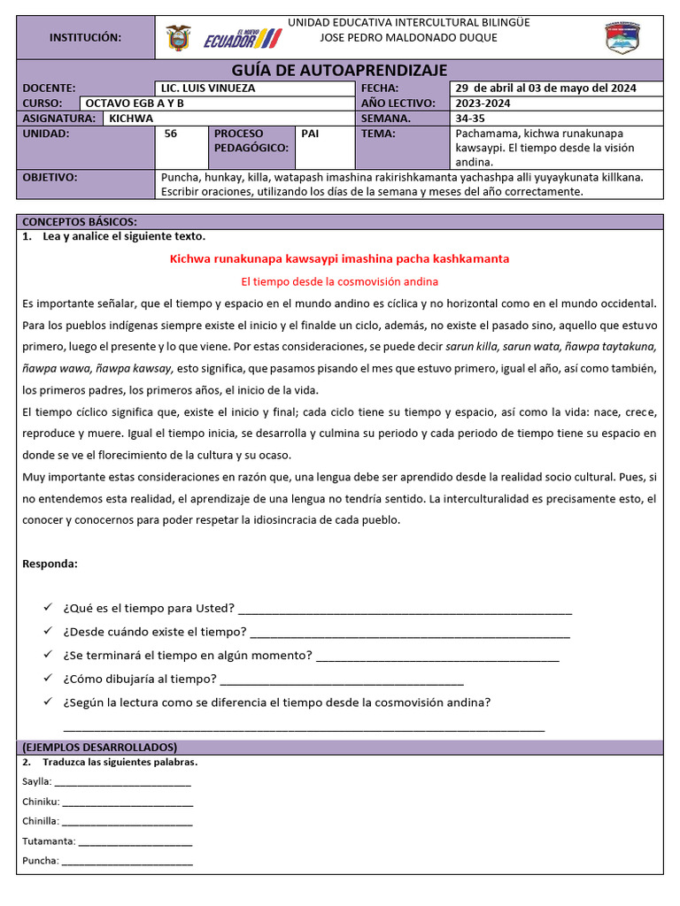 Guía Auto-Aprendizaje Kichwa 8vo. EGB 29 Abril 2024 | PDF