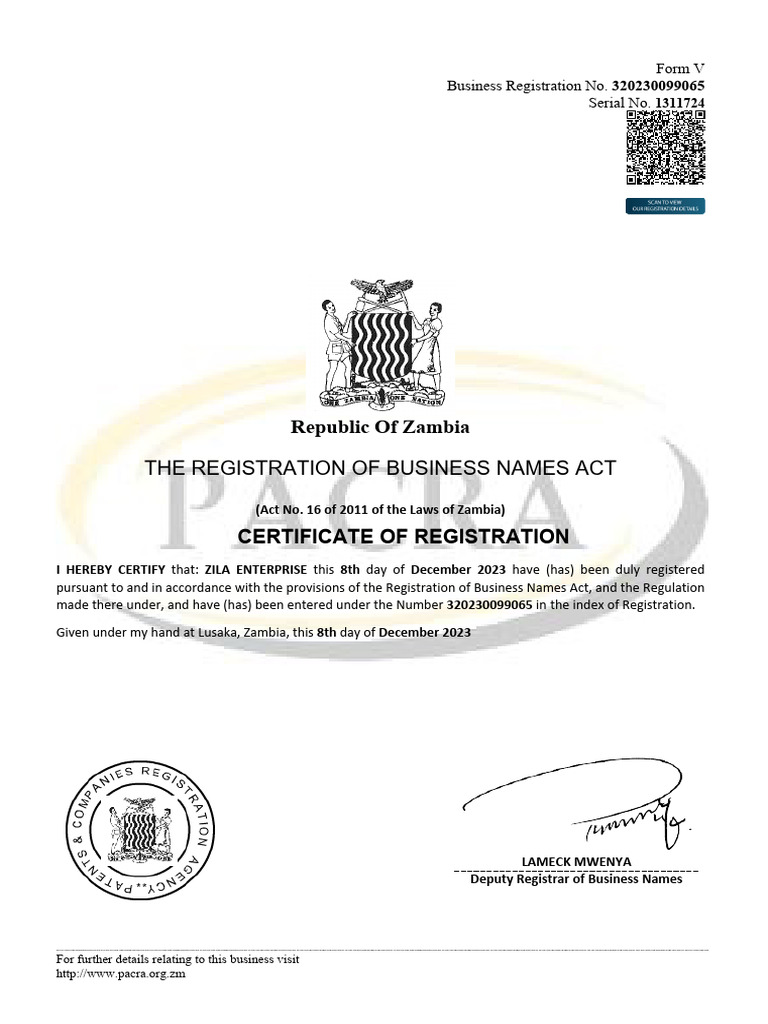 Certificate of Business Registration Zambia | PDF | Justice | Crime ...
