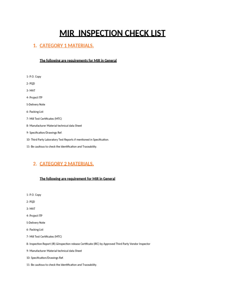MIR Checklist for Material Inspection | PDF | Business | Computers