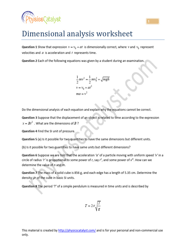 Dimensional-analysis-worksheet | PDF | Density | Acceleration