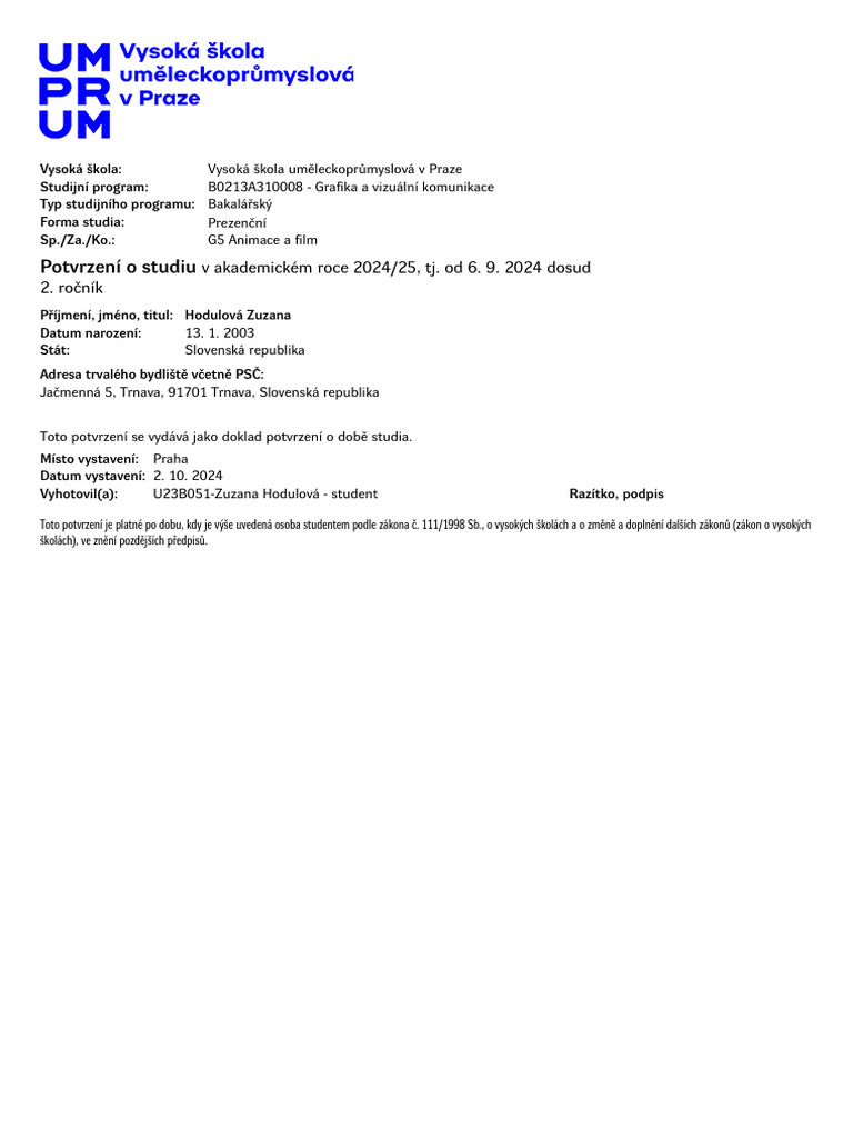 Potvrzeni o Studiu | PDF