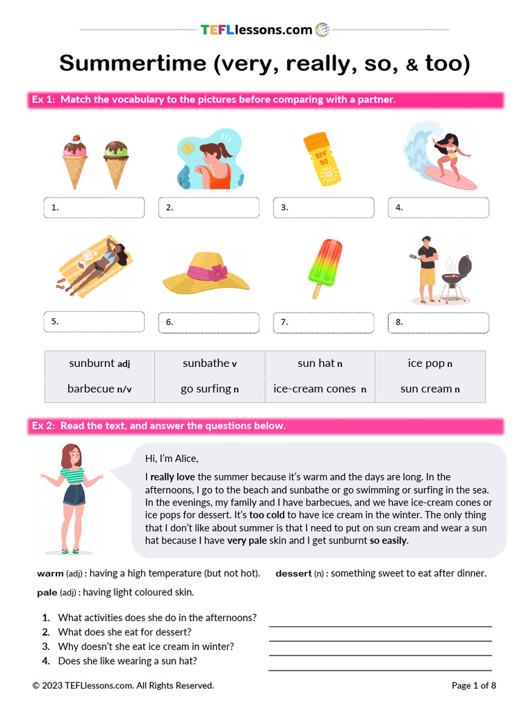 Summer Activities and Intensifiers Guide | PDF | Adverb | Verb