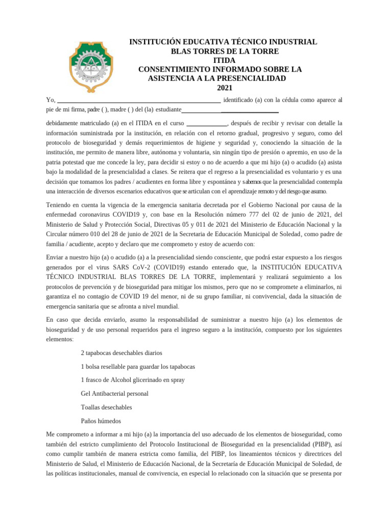 Consentimiento Informado Presencialidad Itida | PDF | Infección