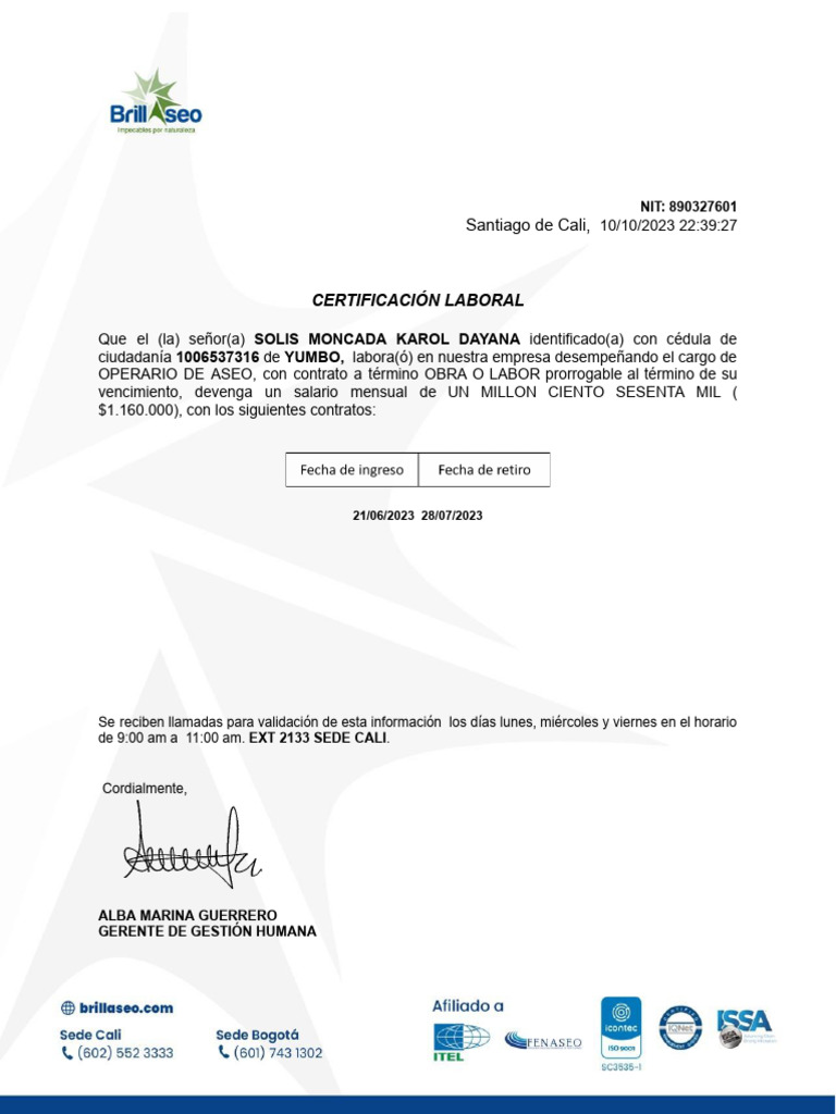 Carta Laboral 1006537316 SOLIS MONCADA KAROL DAYANA | PDF