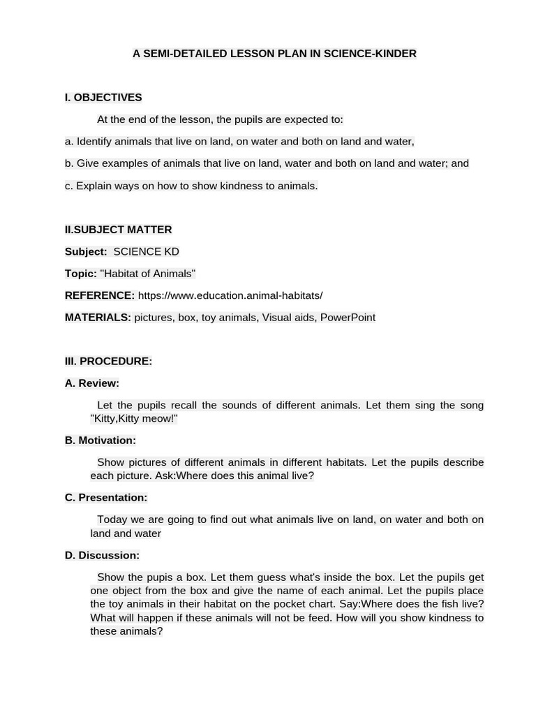 Kindergarten Science Lesson: Animal Habitats | PDF | Social Science