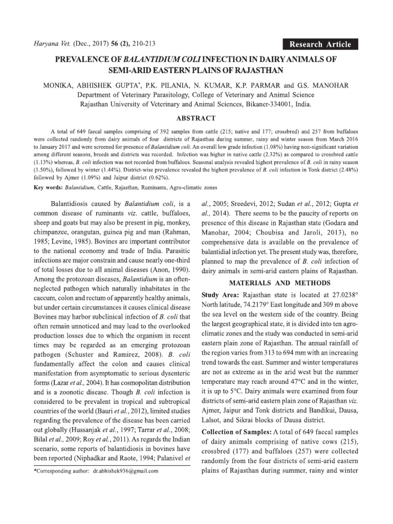 Prevalence of B. Coli Infection in Dairy Animals of Eastern Plains of ...