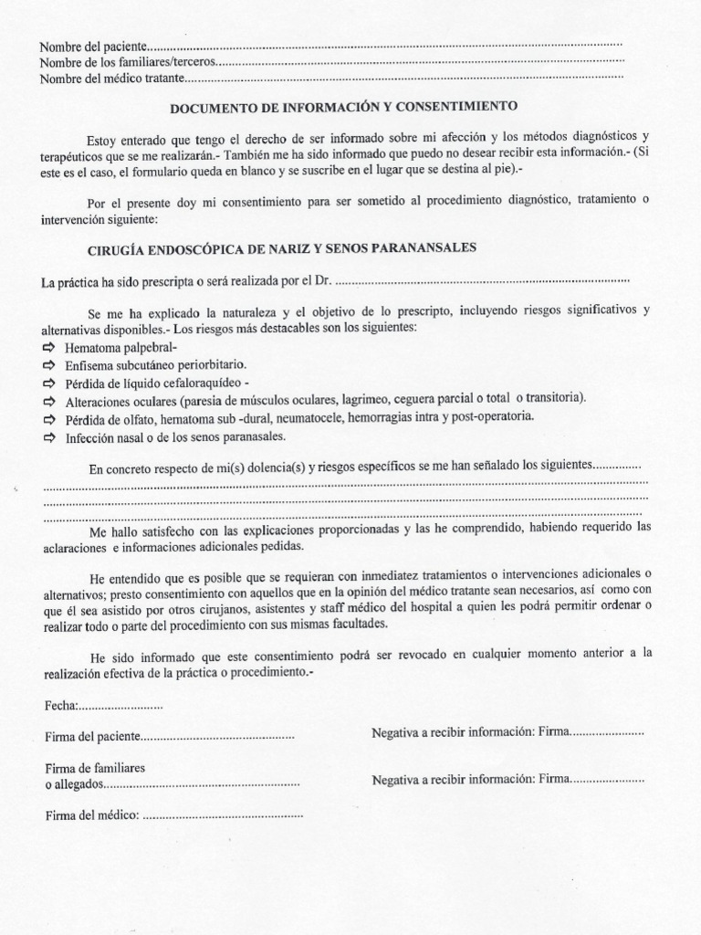 Consentimiento Informado para Endoscopica de Nariz y SPN | PDF