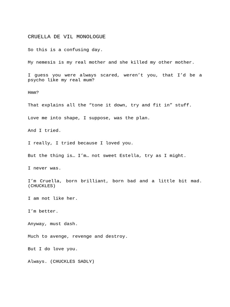 Cruella de Vil Monologue | PDF | Self-Improvement | Mystery, Thriller & Crime Fiction