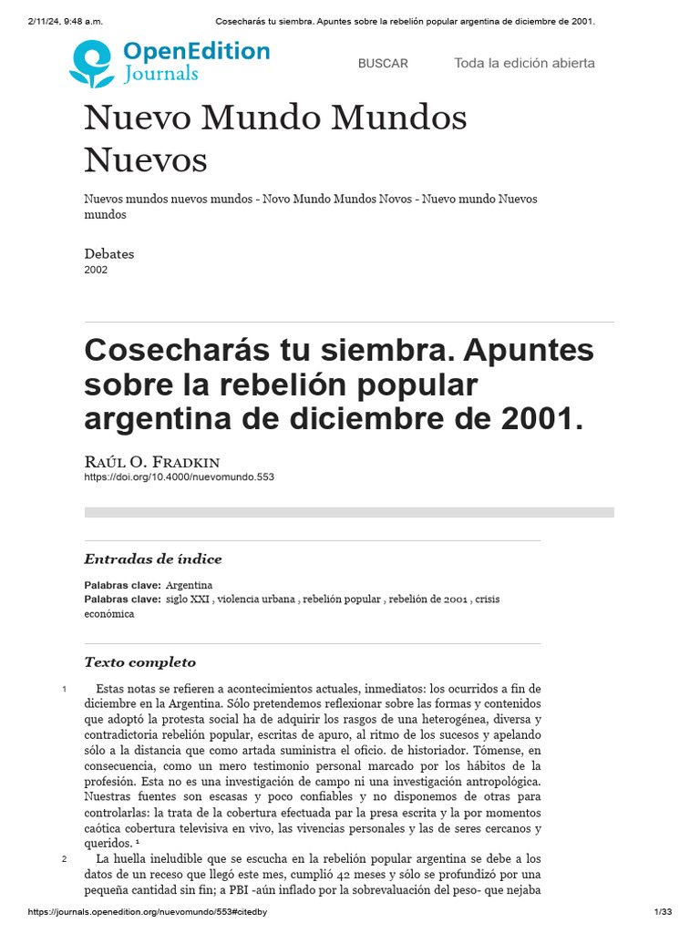 Fradkin Cosecharás Tu Siembra. Apuntes Sobre La Rebelión Popular ...