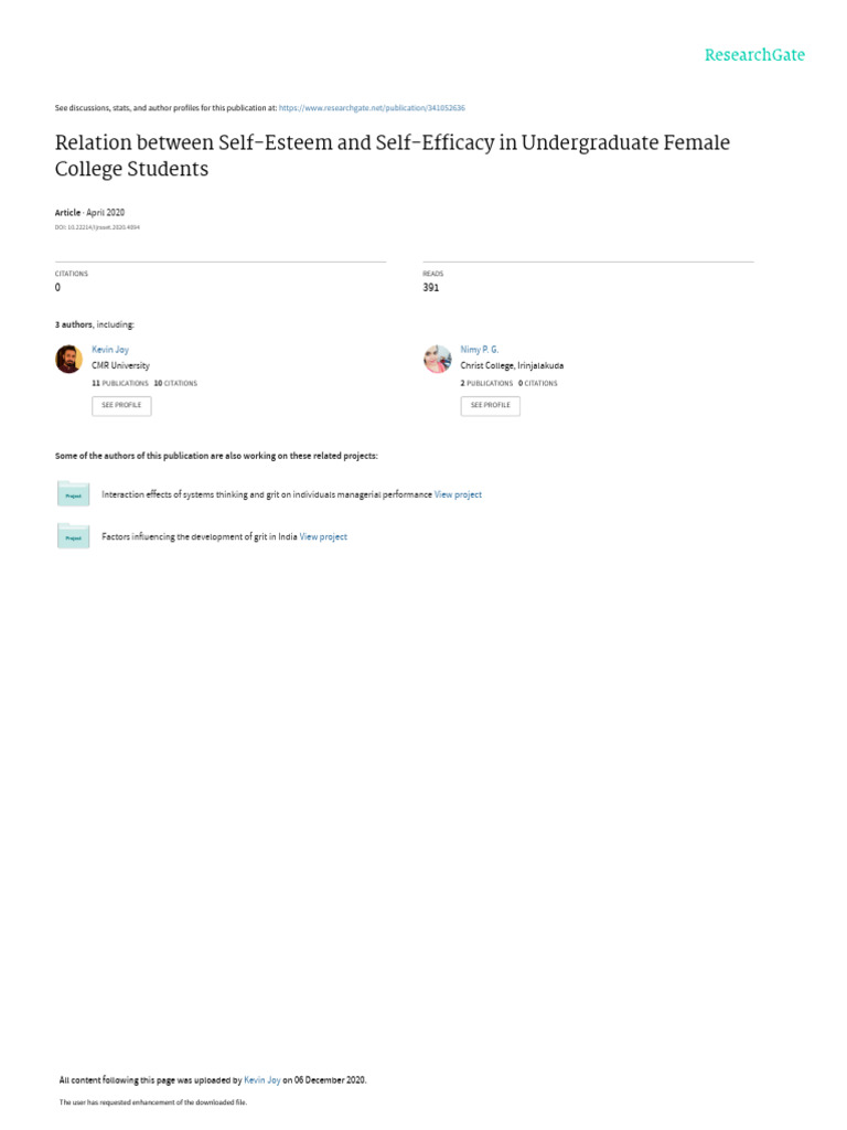 Relation Between Self-Esteem and Self-Efficacy in Undergraduate Female ...