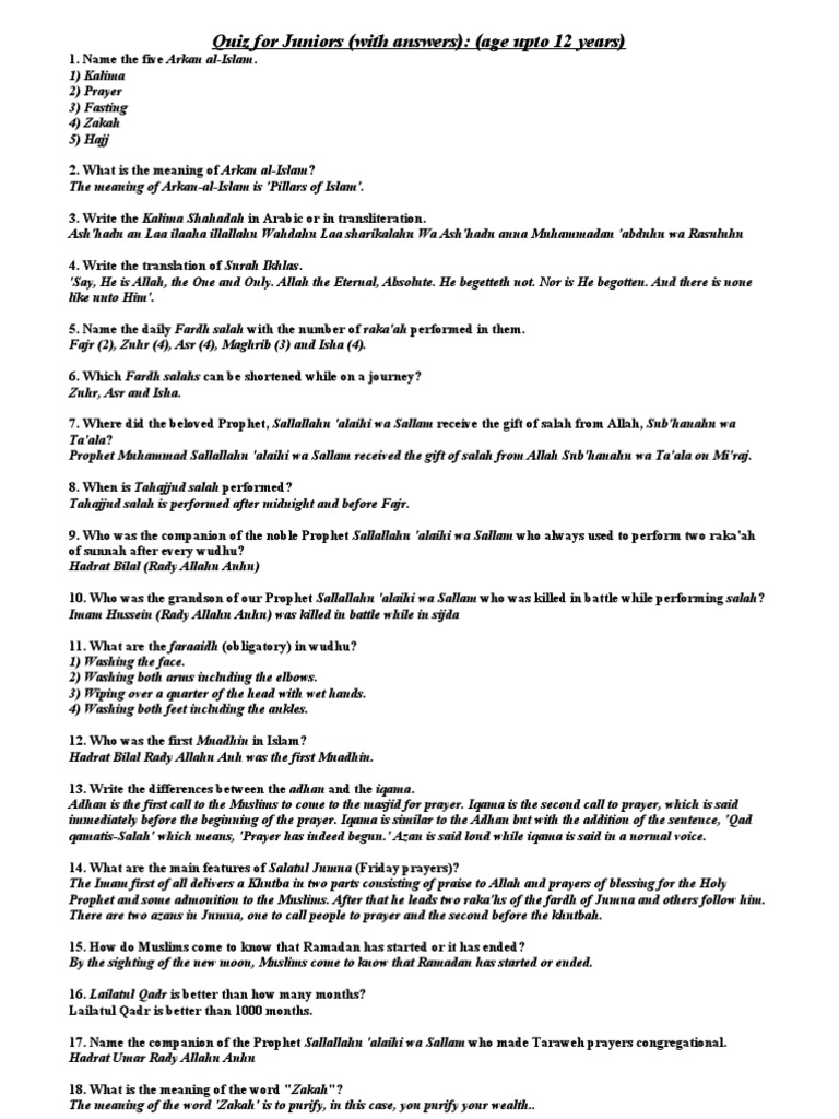 Islamic Quiz for Juniors: Knowledge Test | PDF | Muhammad | Sahabah
