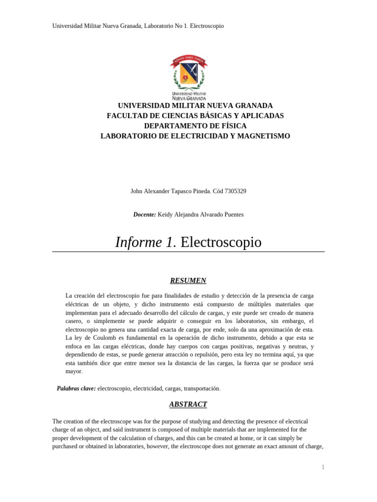 1.informe 1, Electroscopio | PDF | Átomos | Electrón