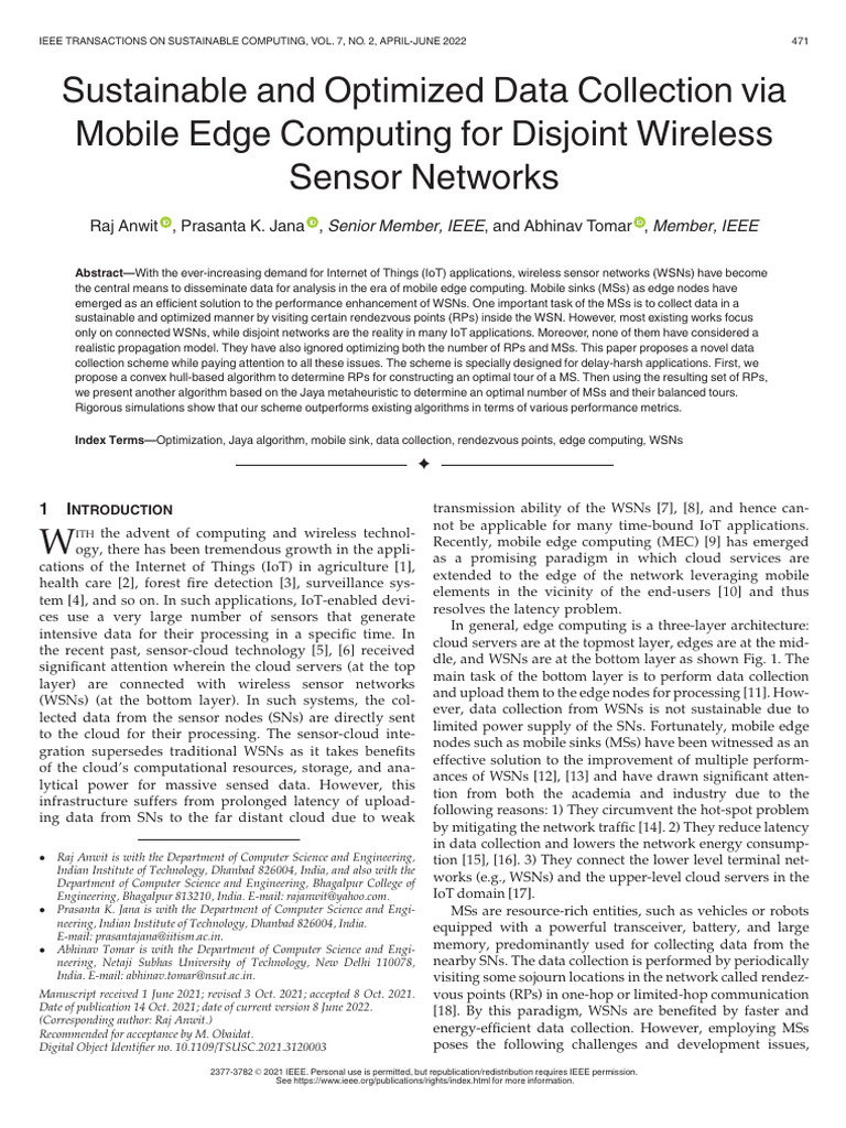 Sustainable and Optimized Data Collection Via Mobile Edge Computing For Disjoint Wireless Sensor ...