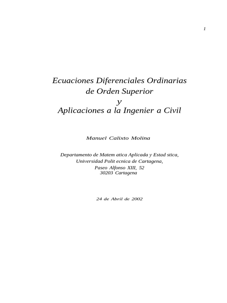 Ecuaciones Diferenciales Ordinarias de Orden Superior y Aplicaciones A La Ingenier A Civil | PDF ...