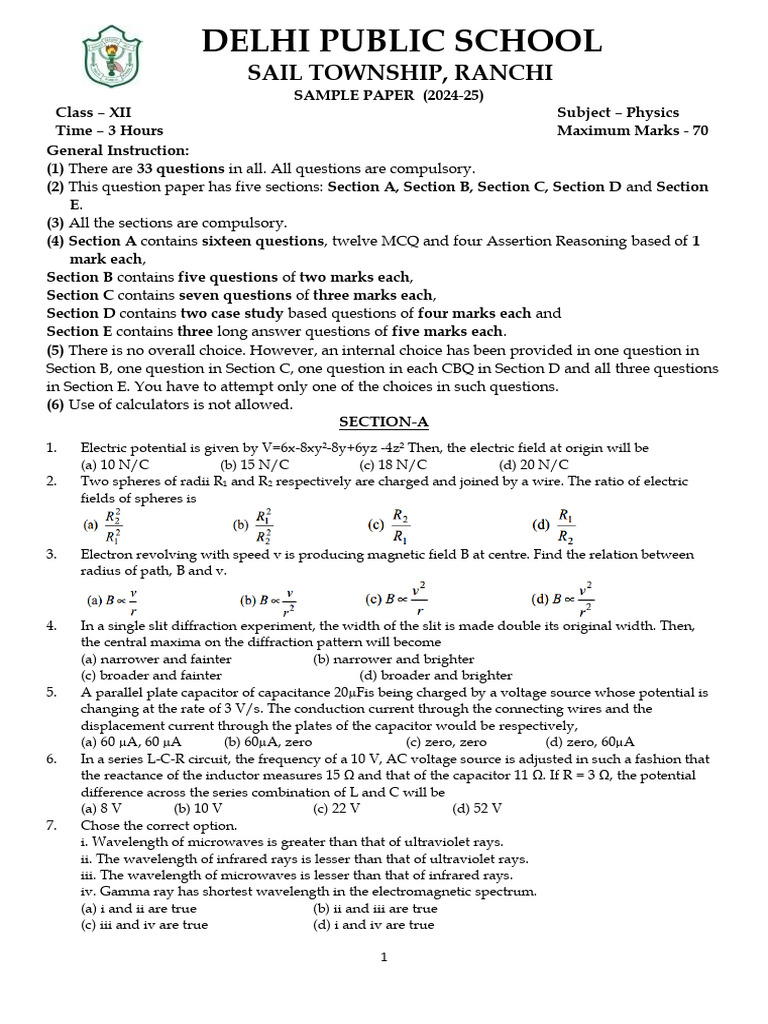 Xii Physics Sample Paper Set - 2 | PDF | P–N Junction | Electromagnetic Spectrum