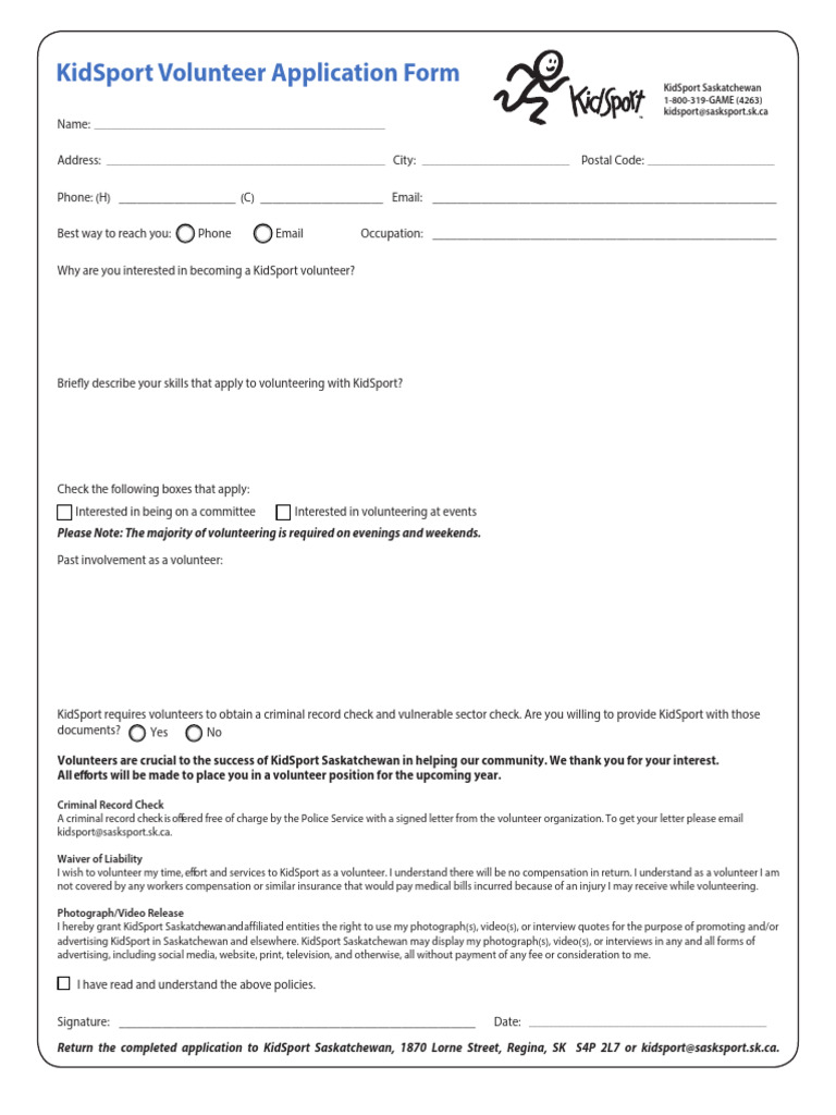 KidSport Saskatchewan Volunteer Form | PDF | Criminal Record | Justice