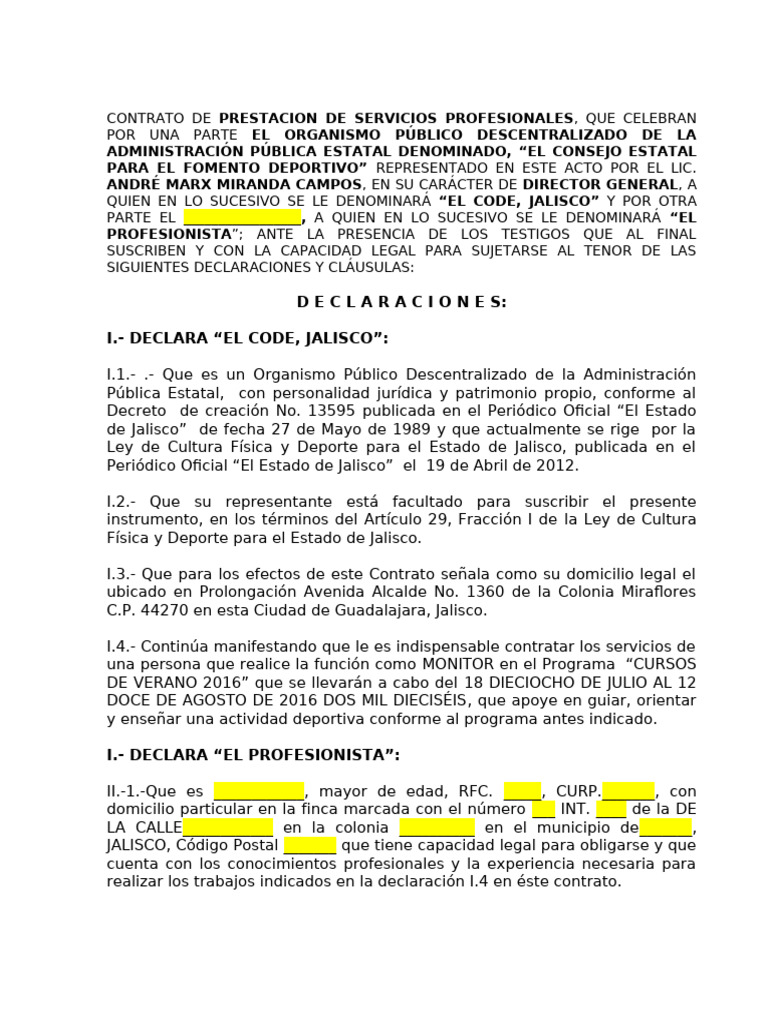 Machote de Contrato de Servicios Profesionales | PDF | Finanzas y ...