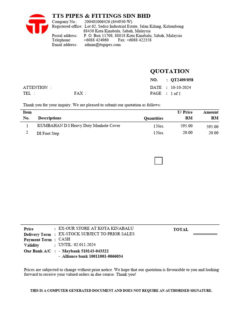 Tts Pipes & Fittings SDN BHD: Quotation | PDF