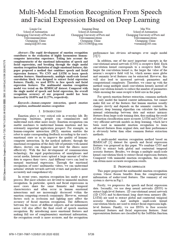 Multi-Modal Emotion Recognition From Speech and Facial Expression Based On Deep Learning | PDF ...