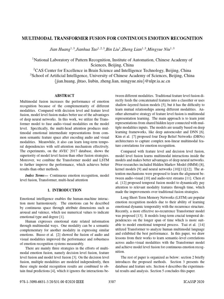Multimodal Transformer Fusion For Continuous Emotion Recognition Pdf Deep Learning