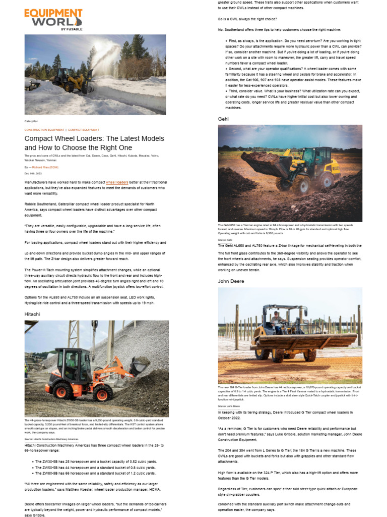 Compact Wheel Loader Buyers' Guide _ Equipment World | PDF | Loader ...