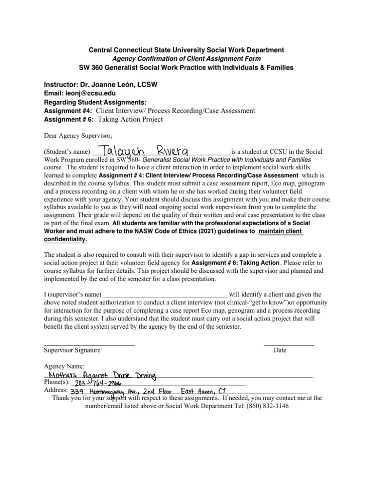 Talayeh Rivera Agency Confirmation of Client Assignment Form | PDF