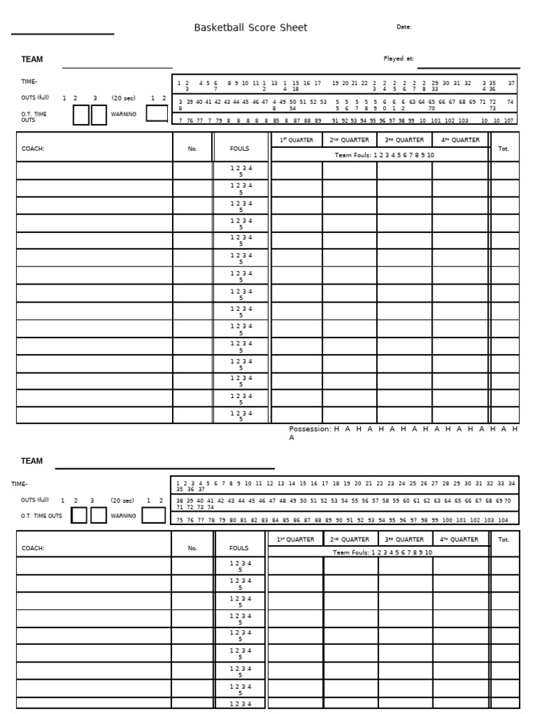 Printable Basketball Score Sheet | PDF | Sports | Team Sports