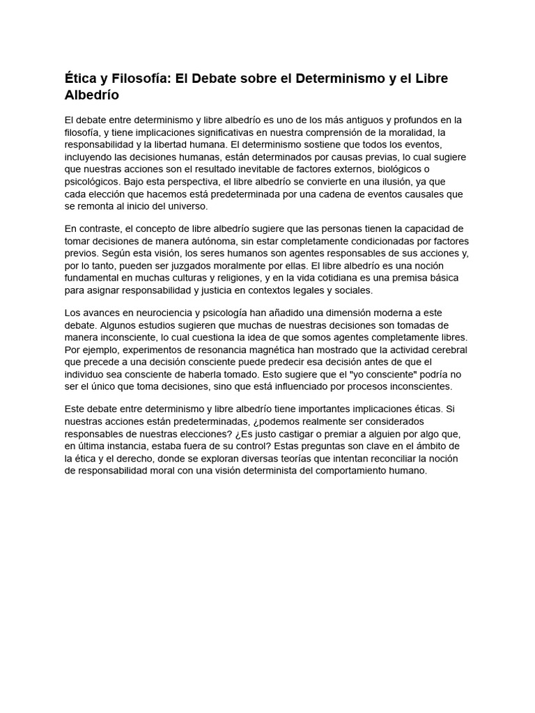 Ética y Filosofía - El Debate Sobre El Determinismo y El Libre Albedrío - PICO - 2022 - 2 | PDF