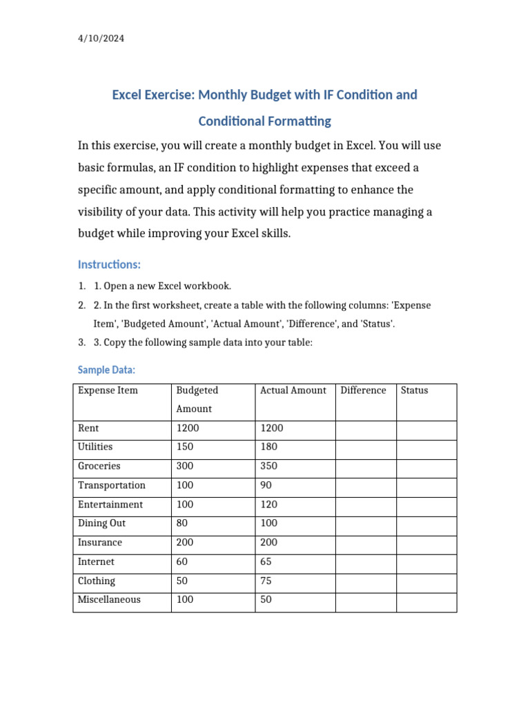 Excel Exercise Monthly Budget With Data | PDF