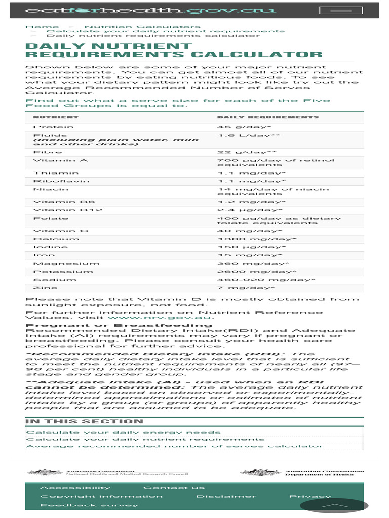 Daily Nutrient Requirements Calculator Eat For Health | PDF | Nutrients ...