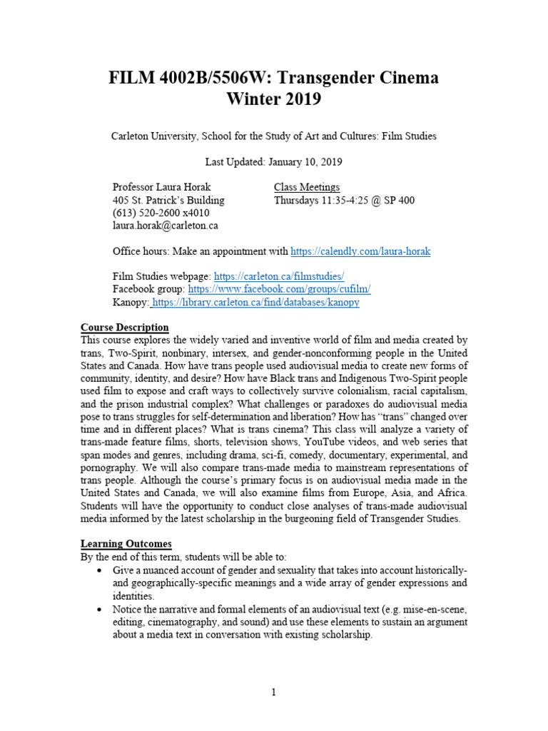 Transgender Cinema Course Overview | PDF | Transgender | LGBTQIA+ Studies