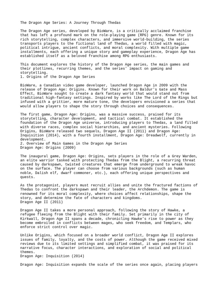 Dragon Age Series: Thedas' Epic RPG Journey | PDF