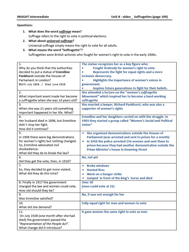 Insight Interm - Video - Suffragettes Unit 8-Key | PDF | Emmeline ...