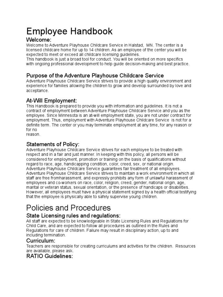 Employee Handbook Overtime Child Care