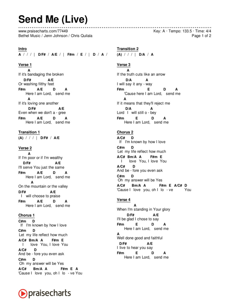 Send Me (Live) (Chris Quilal... ) Chord Chart - A - 2 Column Layout-1 ...