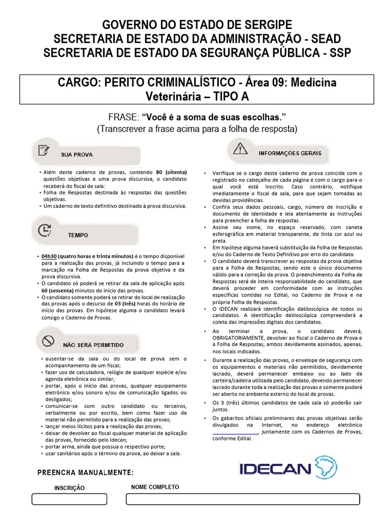 Idecan 2023 SSP Se Perito Criminalistico Area 09 Medicina Veterinaria Prova | PDF | Euro ...